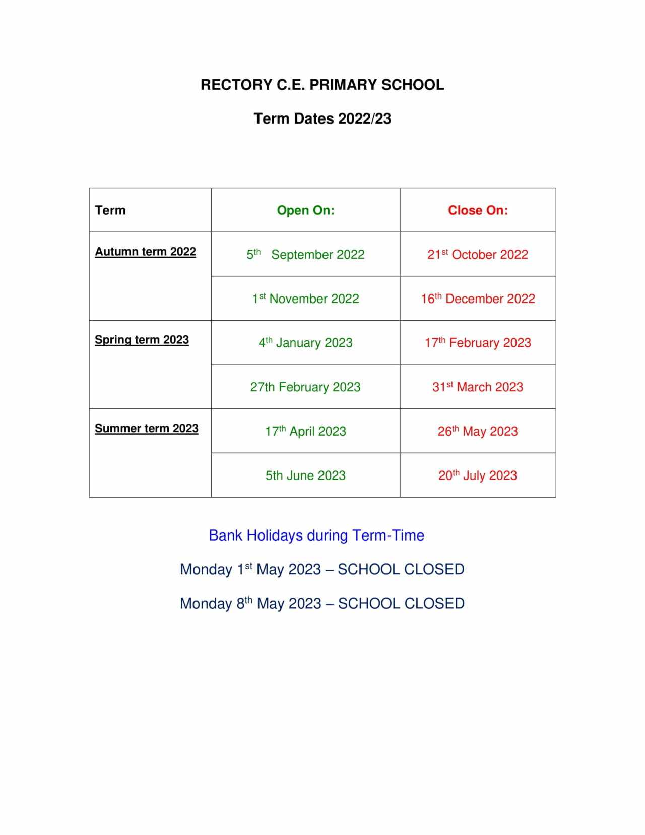 Term Dates | Rectory CE Primary School